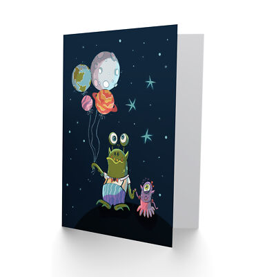 Aliens Space Planet Balloons Blank Greeting Card With Envelope | eBay ...
