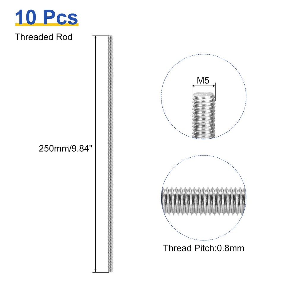 10Pcs M5 x 250mm Fully Threaded Rod Right Hand Threads, 0.8 Thread ...