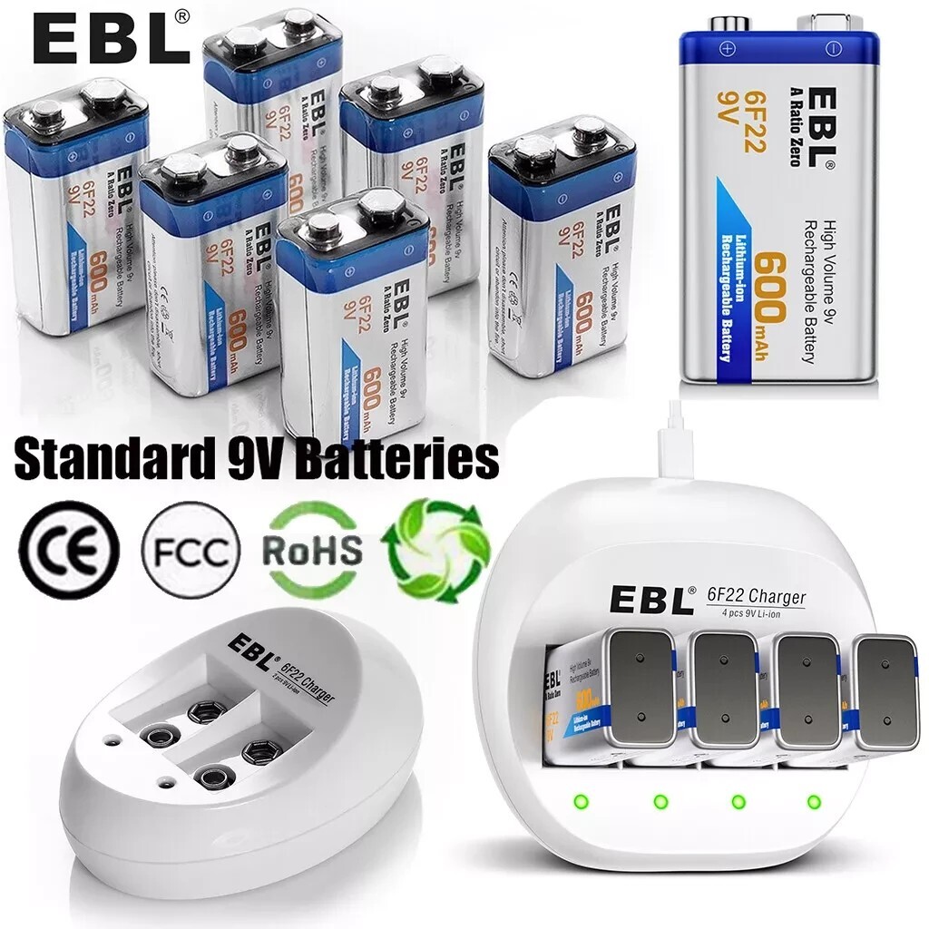 EBL 9v Battery USB Rechargeable Lithium 6f22 PP3 Block 9volt Li-ion ...
