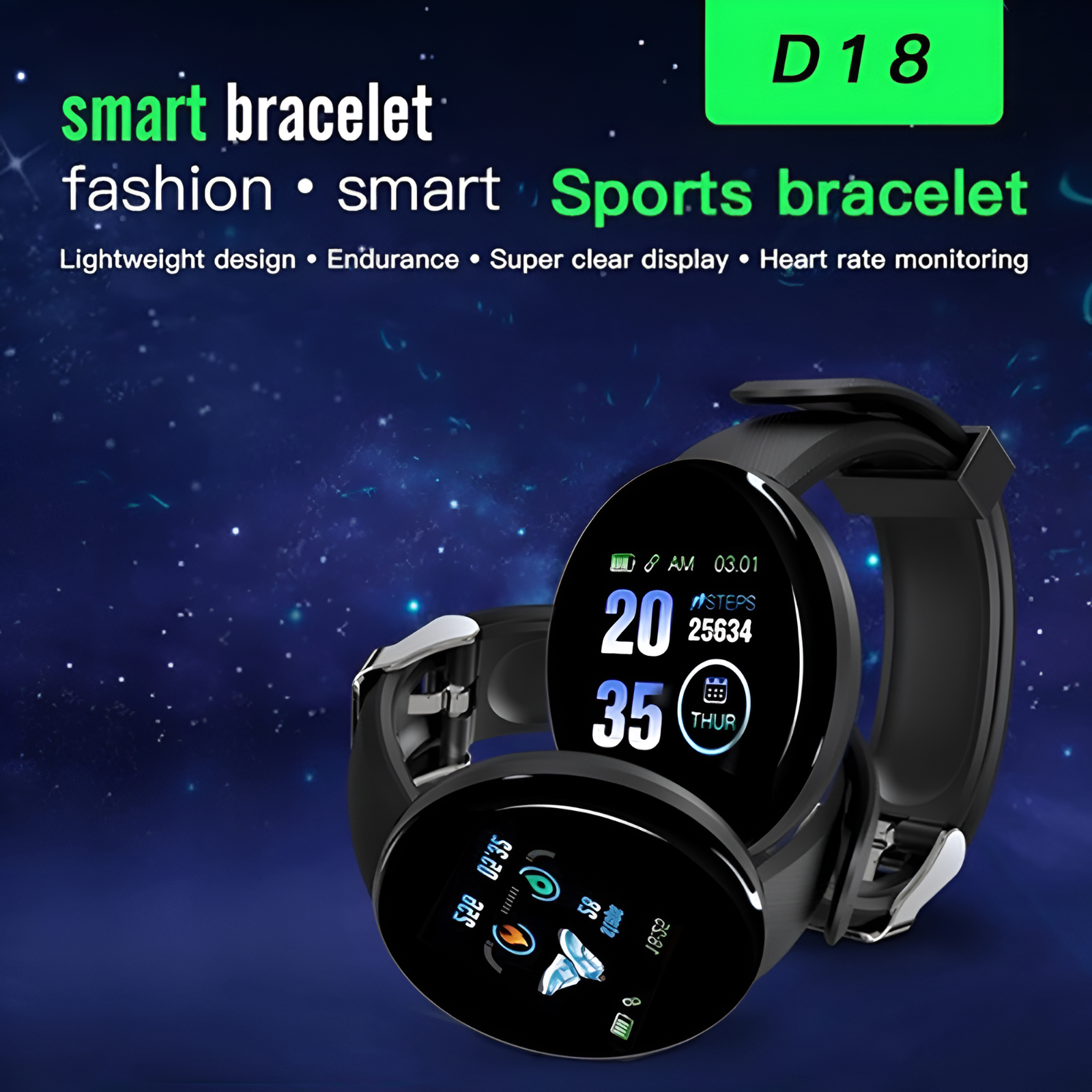 Smart D18 Bluetooth Watch Men Women Blood Pressure Heart Rate Monitor ...