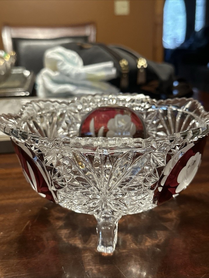 Antique Flower Amaris Clear Cut And Red Ruby Overlay Glass Footed Candy ...
