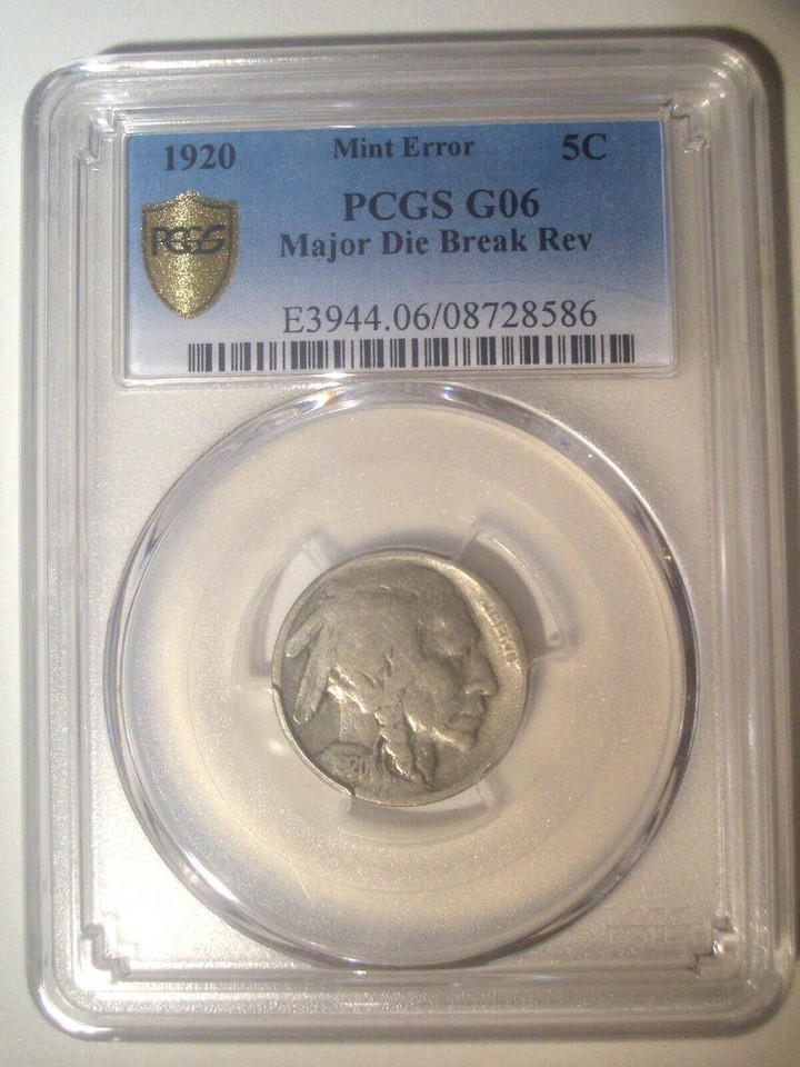 1920 " MAJOR Die Break ERROR " PCGS G06 " GOLD Shield " BUFFALO Nickel ...