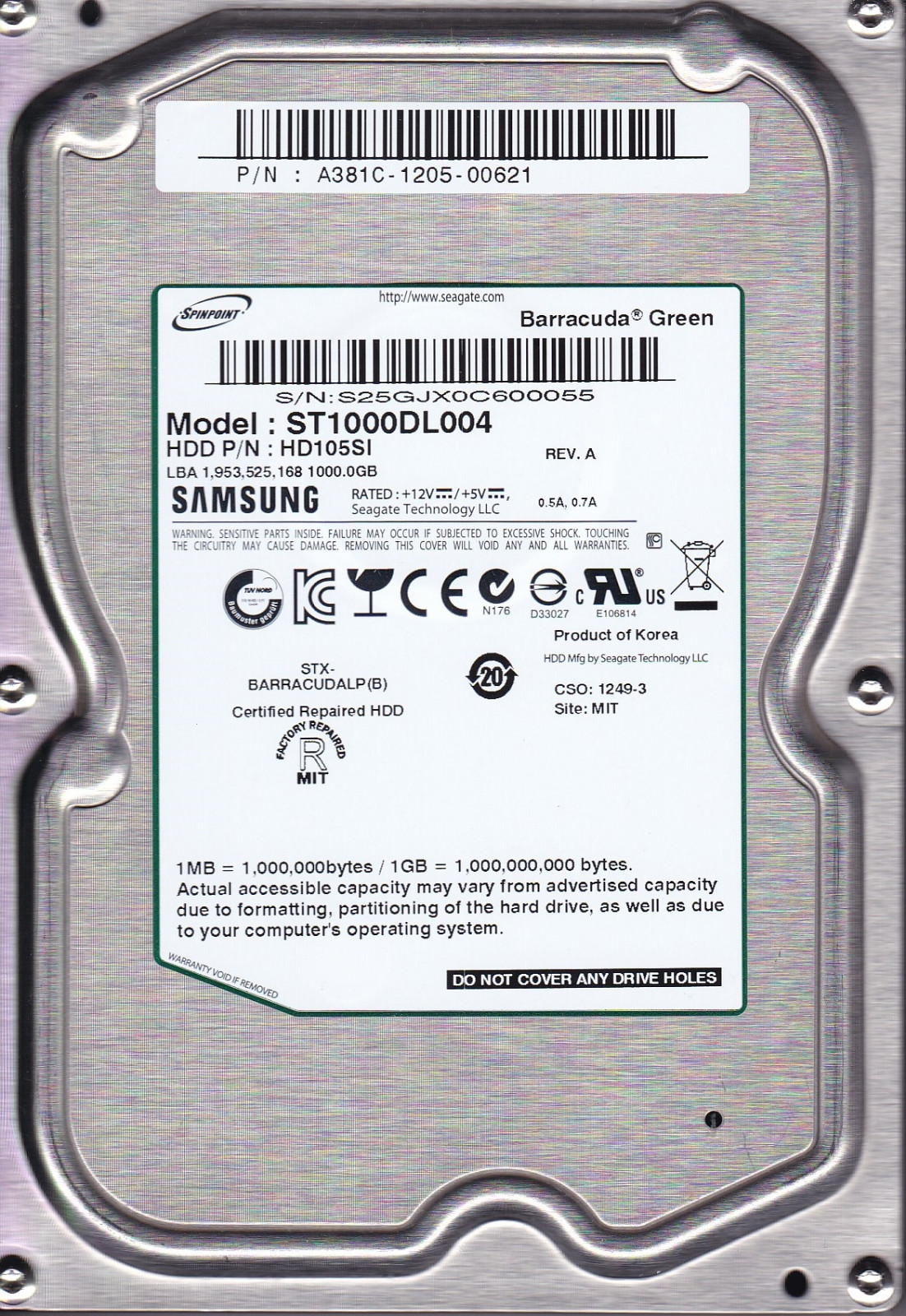 Samsung ST1000DL004 pn: HD105SI fw: 1AJ100E5 1TB SATA 3.5" A10-16 | eBay