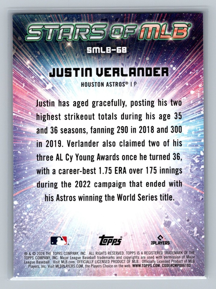 Justin Verlander 2024 Topps Update Stars of MLB #SMLB-68 Houston Astros ...