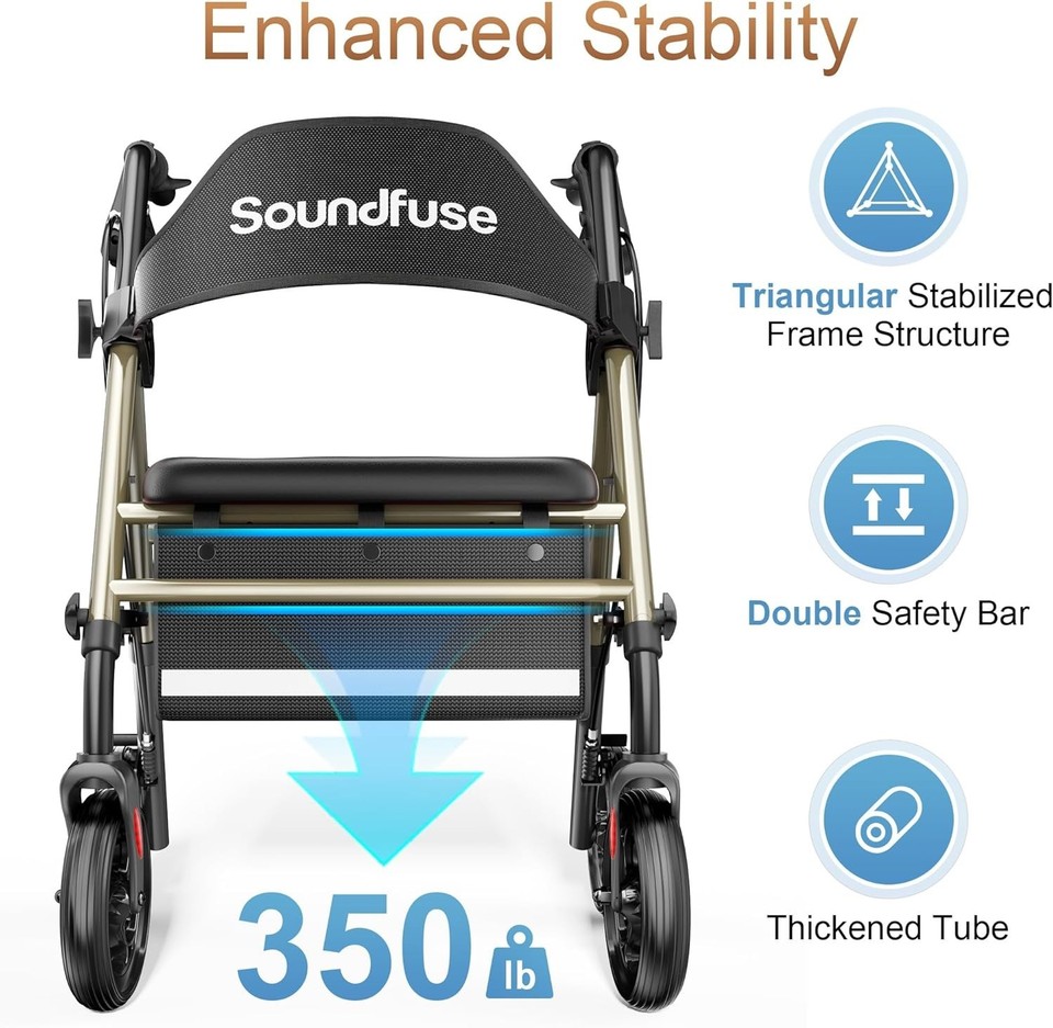 Soundfuse Rollator Walkers w/ Seat 4 Seniors Foldable 8" Big Wheels All ...