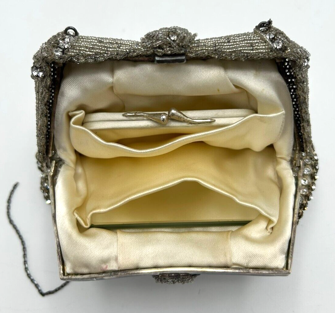 Vtg Rhinestone Beaded Silver Small Evening Clutch Bag With Coin Purse ...