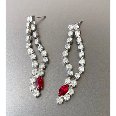 Red Rhinestone Dangle Earrings - Double Strand Drop Marquise - Vintage ...