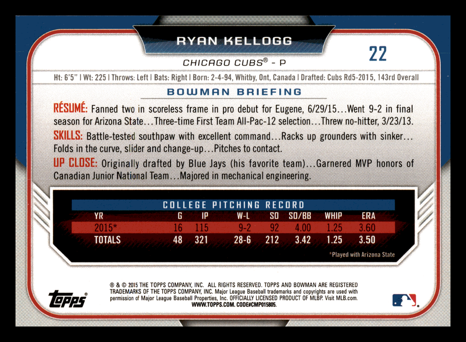 2015 1st Bowman Draft Ryan Kellogg Chicago Cubs #22 Mint | eBay