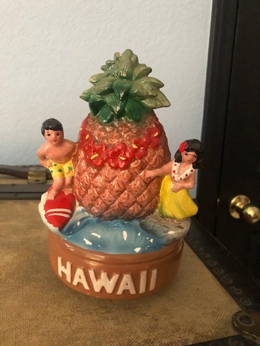 Vintage Hawaii Tiki Room Ceramic Hula Girl Surfer Boy Music Box, works ...