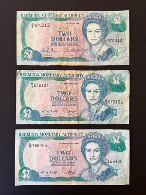BERMUDA Lot (3) TWO DOLLAR $2 Bills Current CIRCULATED PAPER MONEY 1996 ...