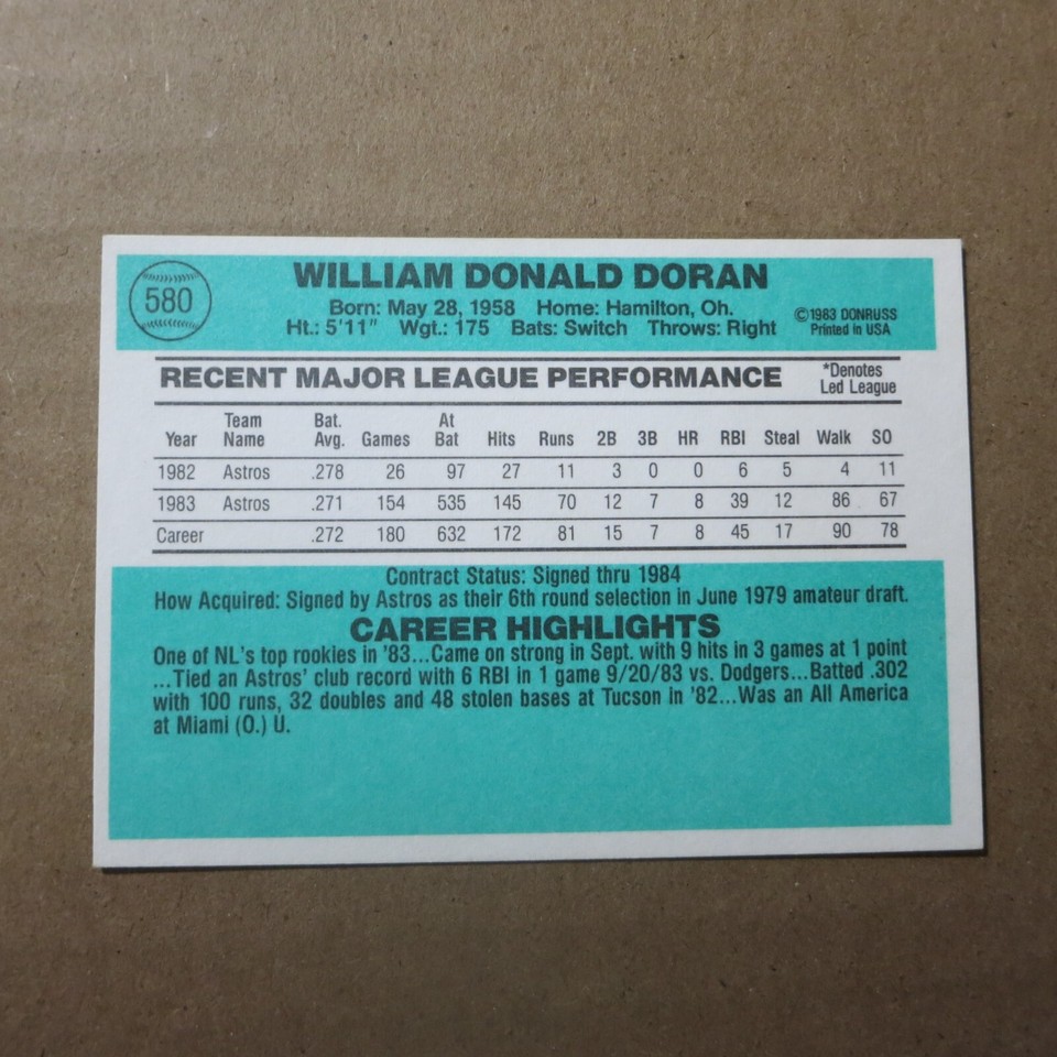 Bill Doran RC 1984 Donruss #580 Houston Astros NMMT+ | eBay