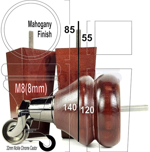 4x WOODEN FURNITURE CHAIR LEGS M8 REPLACEMENT SOFA FEET WITH CASTORS ...