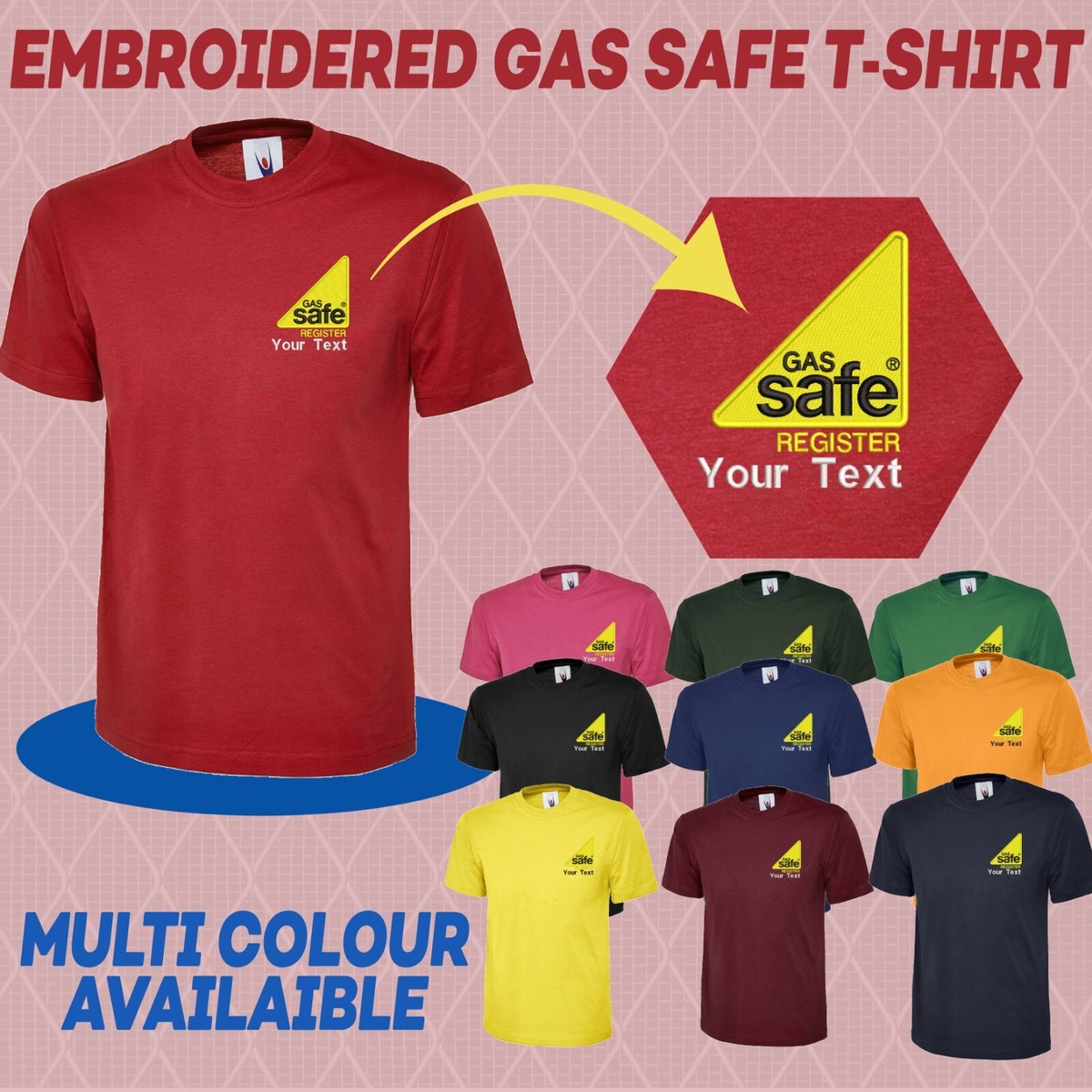 Small Gas Safe Logo 5 X Premium T Shirt FREE TEXT Gas Safe Bundle #3