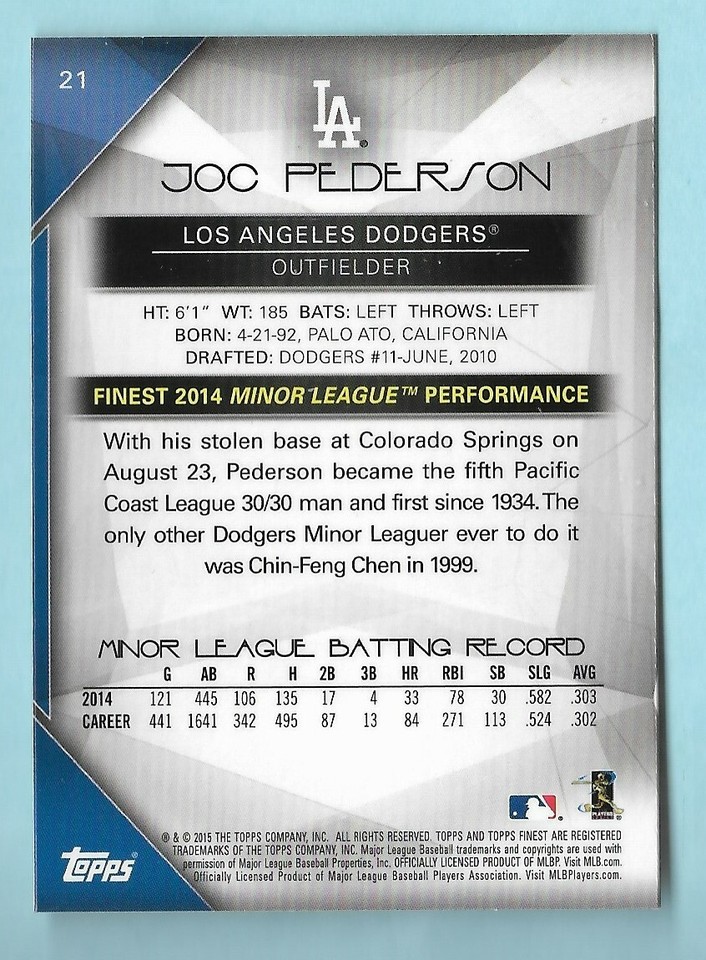 JOC PEDERSON 2015 TOPPS FINEST ROOKIE CARD #21 RC | eBay