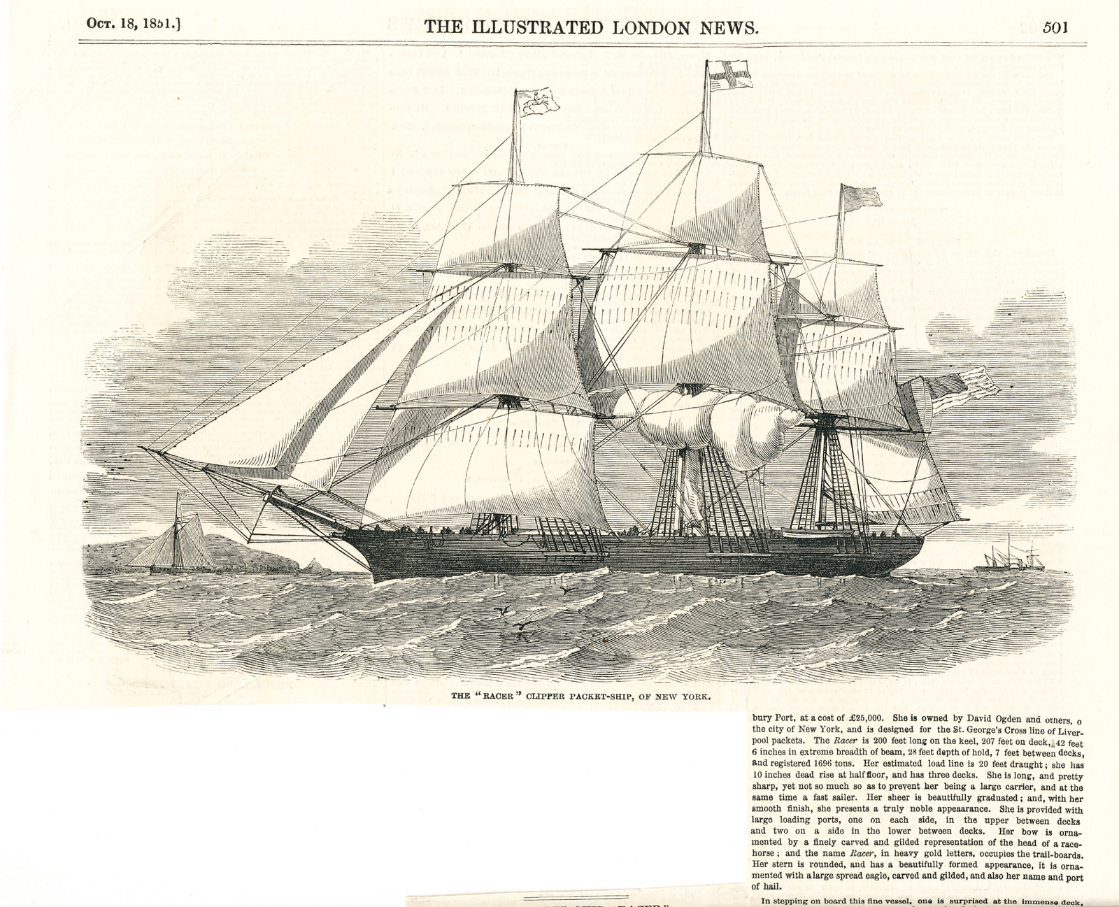 VINTAGE NEWSPAPER - CLIPPER SHIP RACER OF NEW YORK ILLUSTRATED LONDON ...