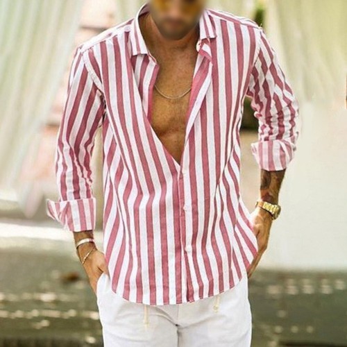 Casual Men Long Sleeve Shirt Stripe Pattern Turn Down Collar Daily Wear ...