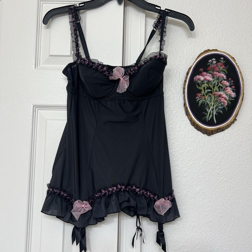 Victoria’s Secret Sexy Little Things Black Lingerie Pink Bows 36B Slip ...