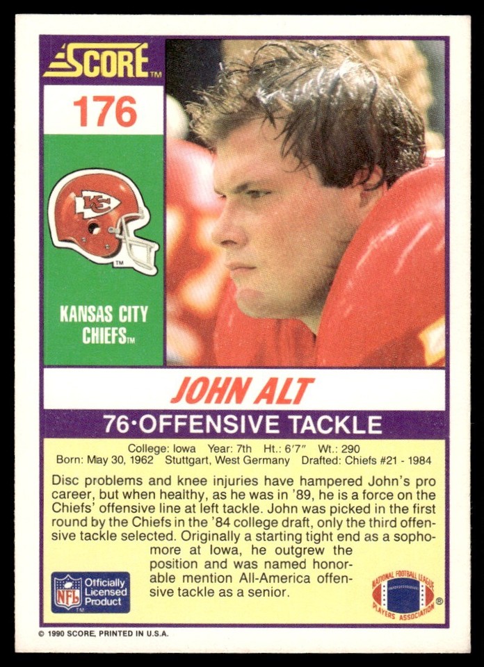 1990 Score John Alt Rookie Kansas City Chiefs #176 | eBay