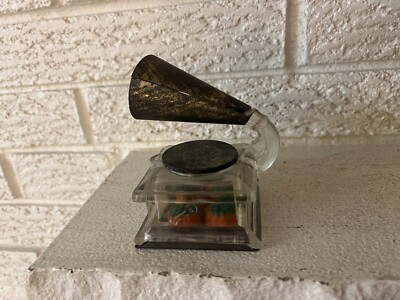 ANTIQUE Record Player PHONOGRAPH-GLASS RECORD CANDY CONTAINER W/METAL ...