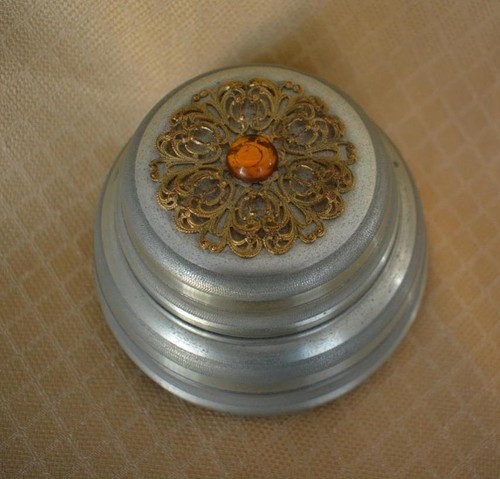 Vintage Powder Music Box "Again" RELIANCE 1950 aluminum gold filigree ...