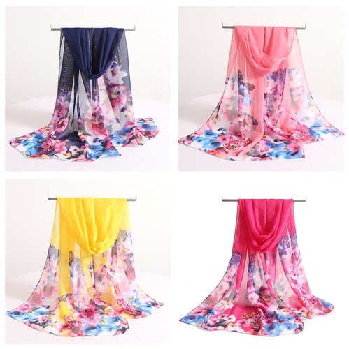 Women Chiffon Floral Scarf Shawl Head Wraps Hijab Scarves Sunscreen ...