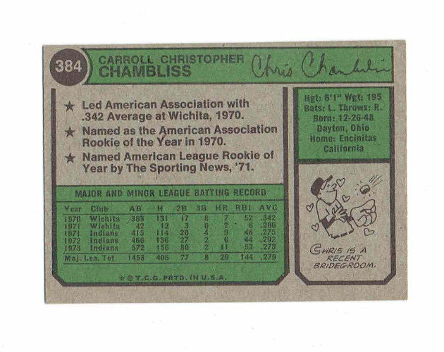 Chris Chambliss Cleveland 1B # 384 TCG 1974 #Baseball Card | eBay