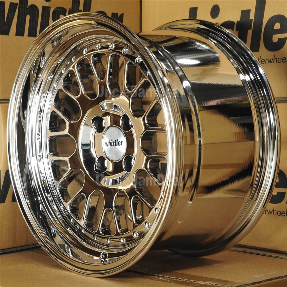 16x9 4x100 15 OFFSET WHISTLER SK1 PVD CHROME w/ RIVET MESH SPOKES 4 ...