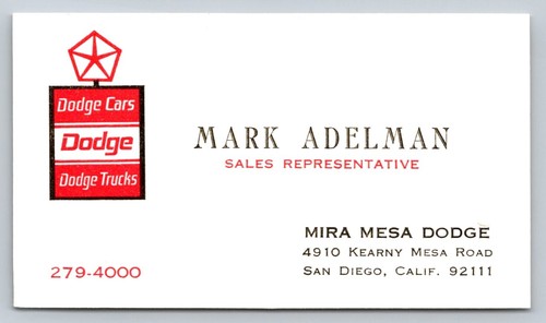 Vintage Business Card Mark Adelman Dodge Dealership Mira Mesa San Diego ...