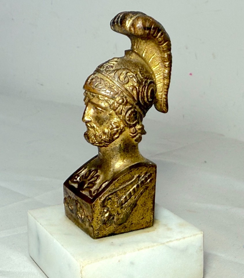Antique miniature gilt bronze marble Roman soldier bust statue figure ...
