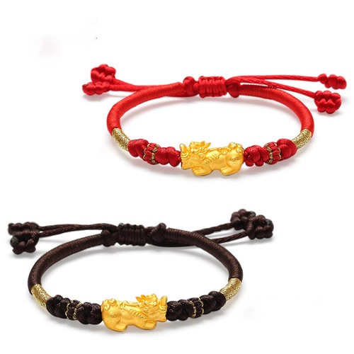 Pure Gold Bracelet For Women 3D Hard Gold Pixiu Gold Bead Red String ...