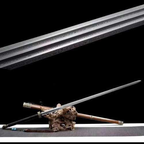 57" Chinese KungFu Sword Double Edge Sharp Damascus Folded Steel Battle ...