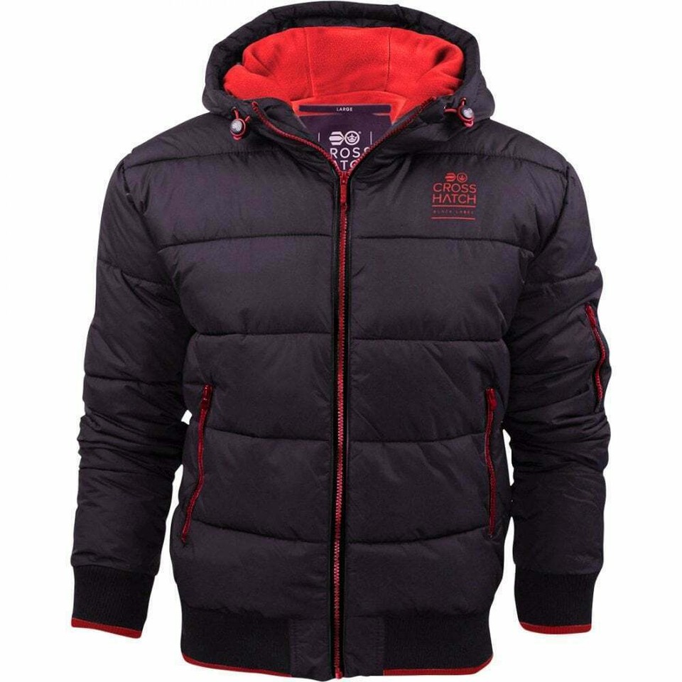Mens Crosshatch Quilted Padded Hood Jacket Fleece Lined Winter Coat ...