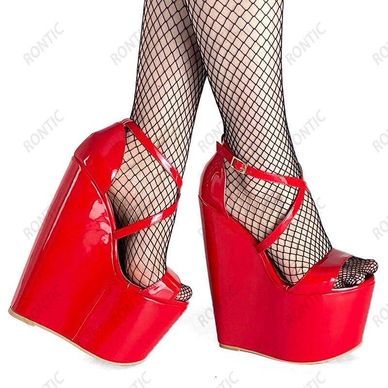 Women Platform Sandals Patent Wedges Heels Open Toe Pretty Fuchsia Red ...