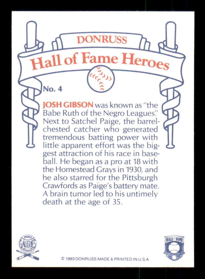 1983 Donruss Hall of Fame Heroes #4 Josh Gibson Homestead Grays ...