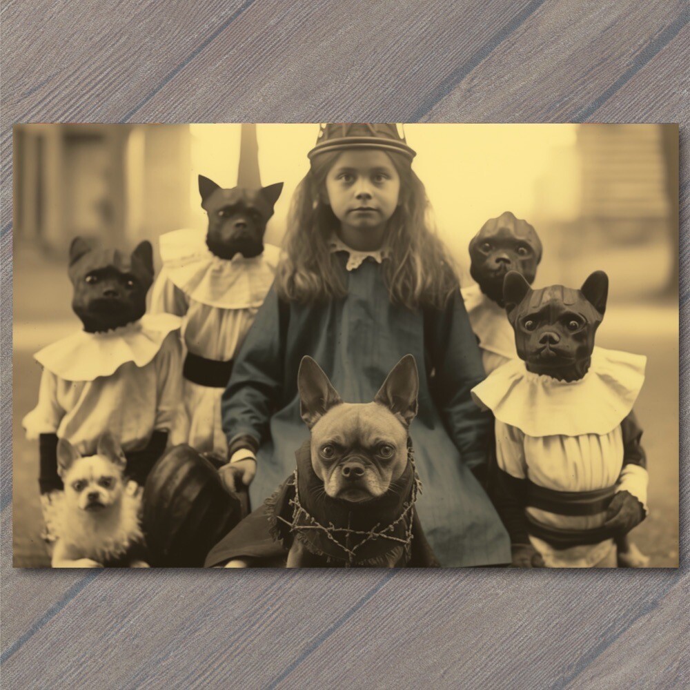 POSTCARD Weird Creepy Vintage Vibe Dogs Girl Unreal Halloween Unusual H ...