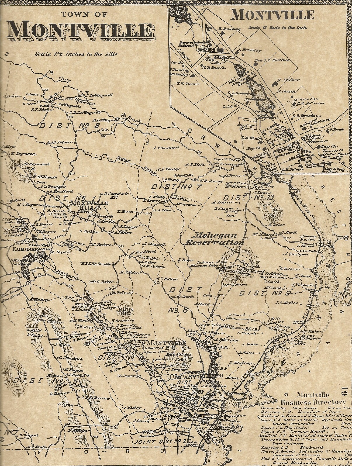 Montville Uncasville Mohegan CT 1868 Map Homeowners Names Shown | eBay