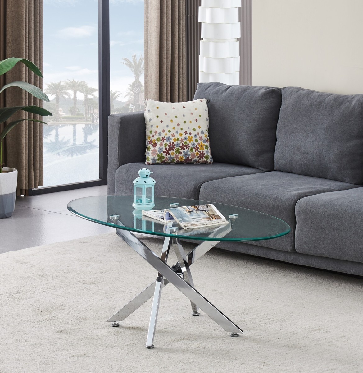 Oval Glass And Metal Coffee Table DS 5232 Modern Oval Glass Top Dining