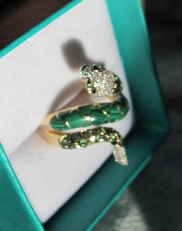 Effy 14K Yellow Gold SZ 7 Tsavorite & Malachite Diamond Safari Snake ...