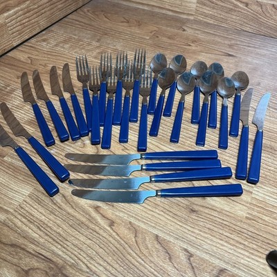 VTG Blue Handles Stainless Flatware 29 pcs Service 8 Plus Extras Japan ...