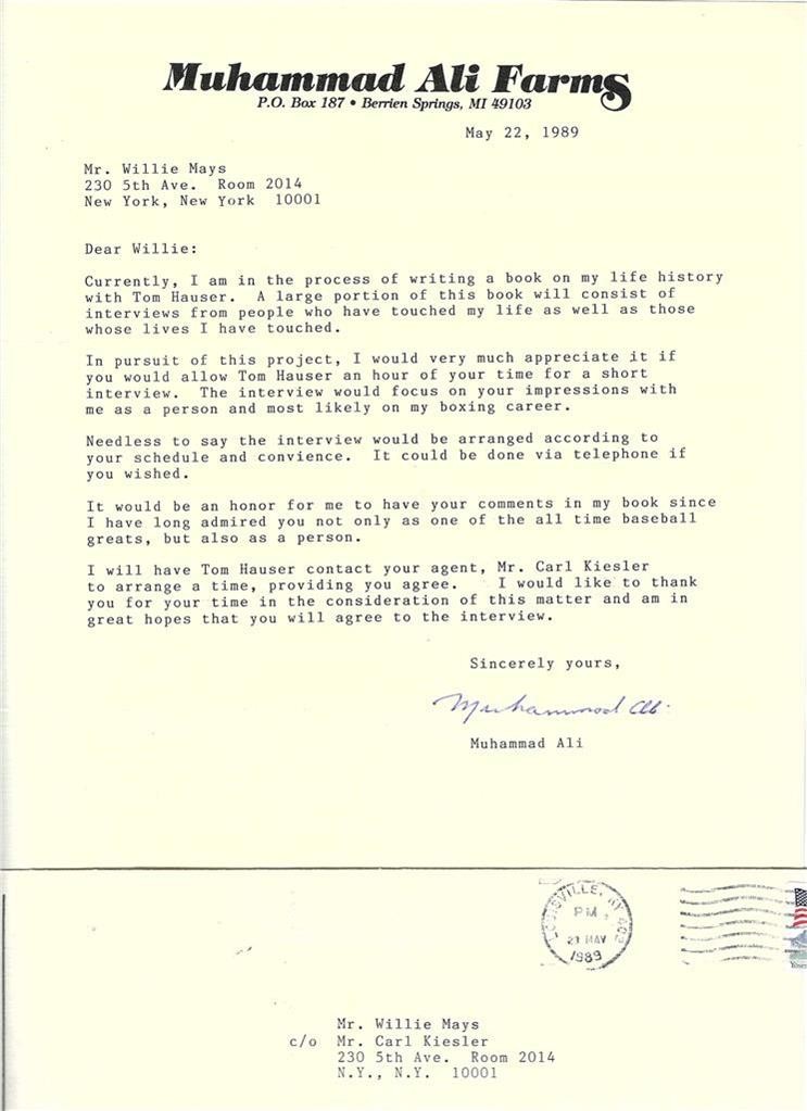 MUHAMMAD ALI LETTER TO WILLIE MAYS ('89) w/ ORIGINAL ENVELOPE signed by ...