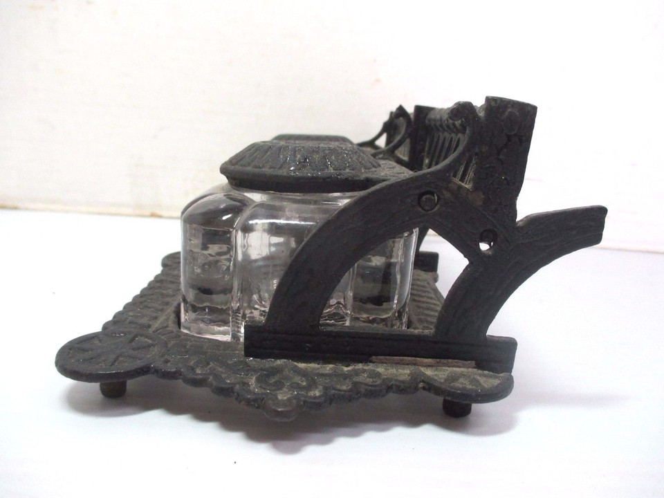 Vtg. Large Cast Iron Inkwell Set with 2 Glass Ink Wells on Cast Iron ...