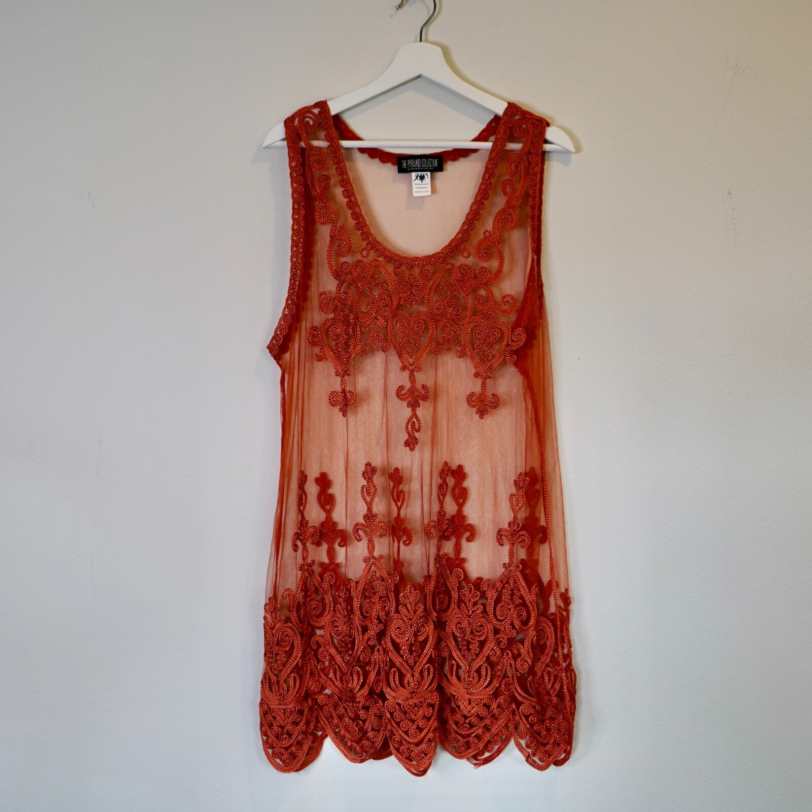 Pyramid Collection Burnt Orange Mesh and Lace Top 3X - Gem