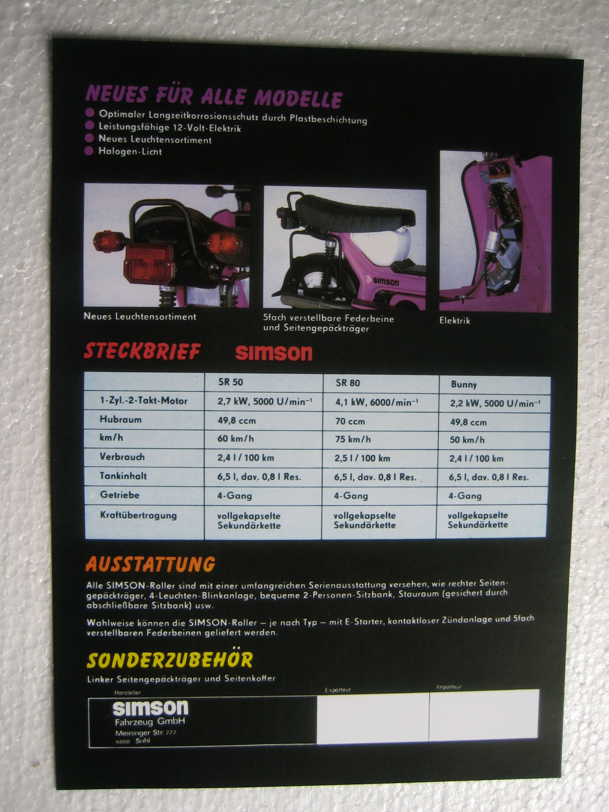 PROSPEKT Werbung DATENBLATT Simson Roller SR50 SR80 SCOOTER aus Suhl | eBay.de