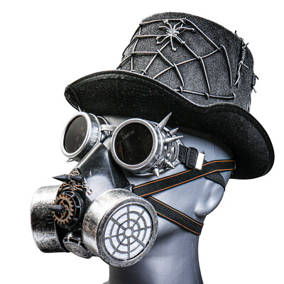Silver Halloween Spider Web Top Hat w/ Gold Gas Mask & Spike Goggles ...