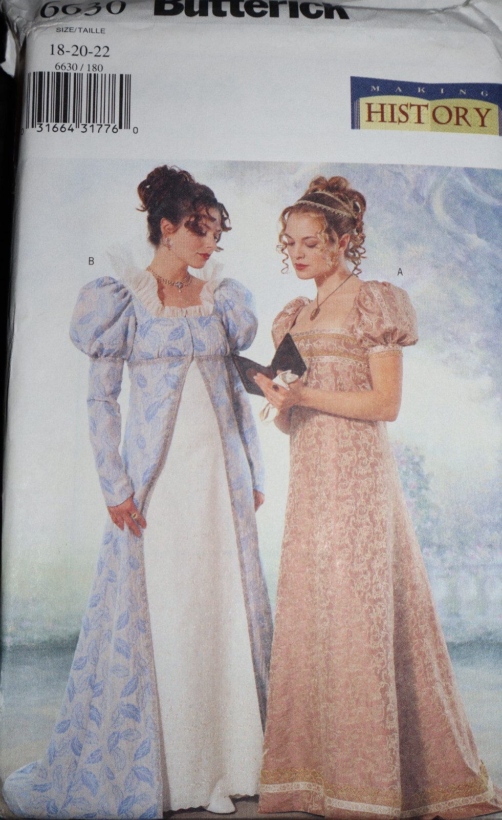 Butterick 6630 19th Century Dress Jane Austin Costume Pattern Plus Sz ...
