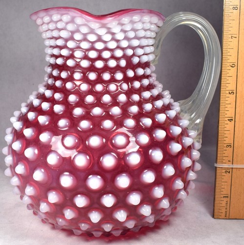 Fenton Glass Cranberry Red Opalescent White Hobnail Water Pitcher ...