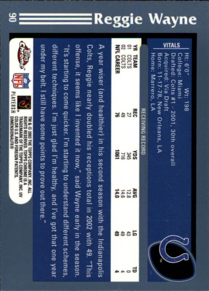 2003 Topps Chrome Football Card #90 Reggie Wayne | eBay