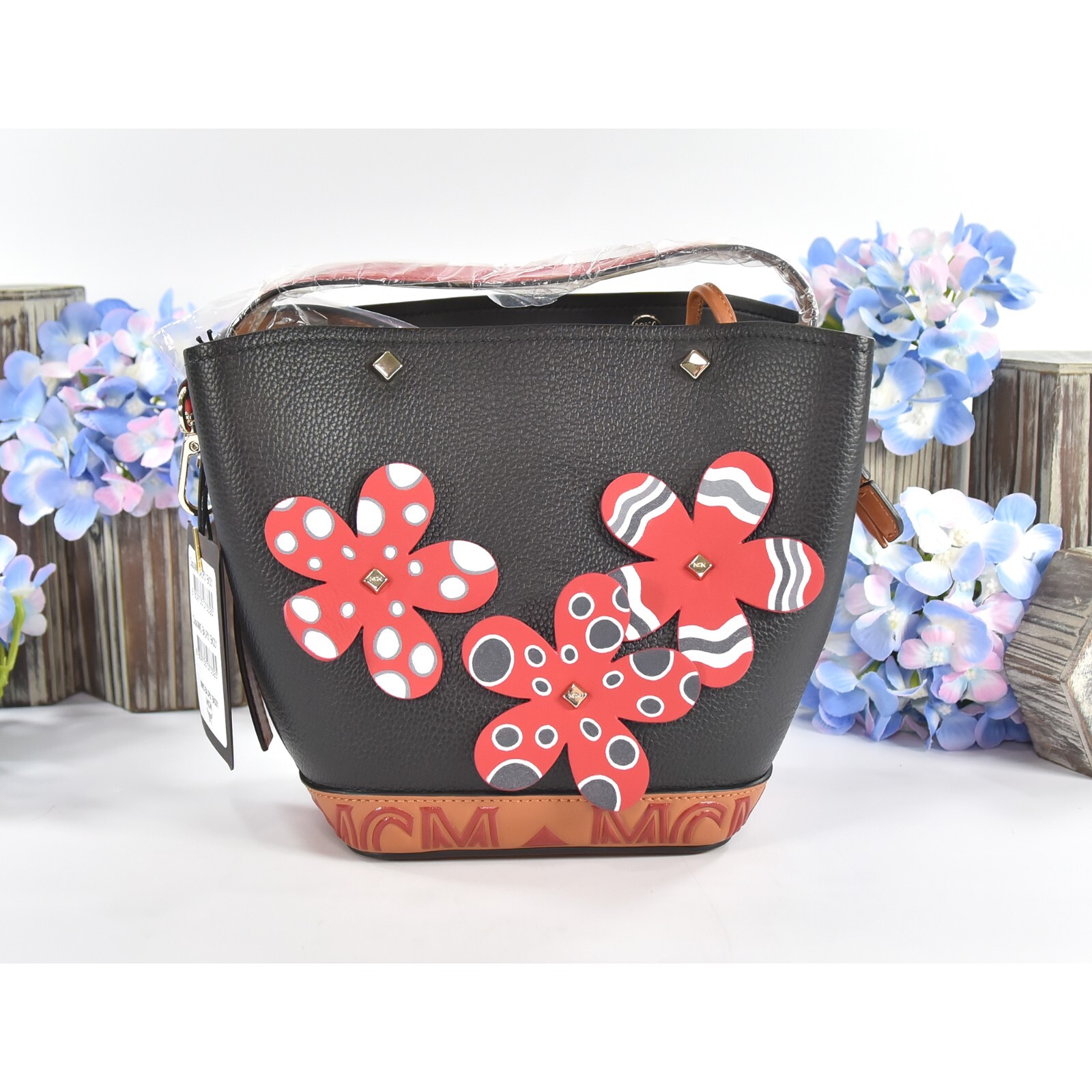 MCM Red Black Goatskin Mini Upcycling Project Flower Milano Drawstring ...