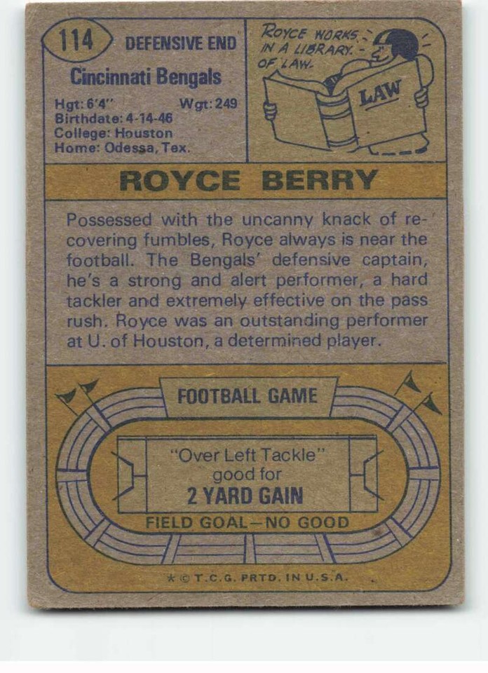 1974 Topps #114 Royce Berry G/VG Good/Very Good Bengals | eBay