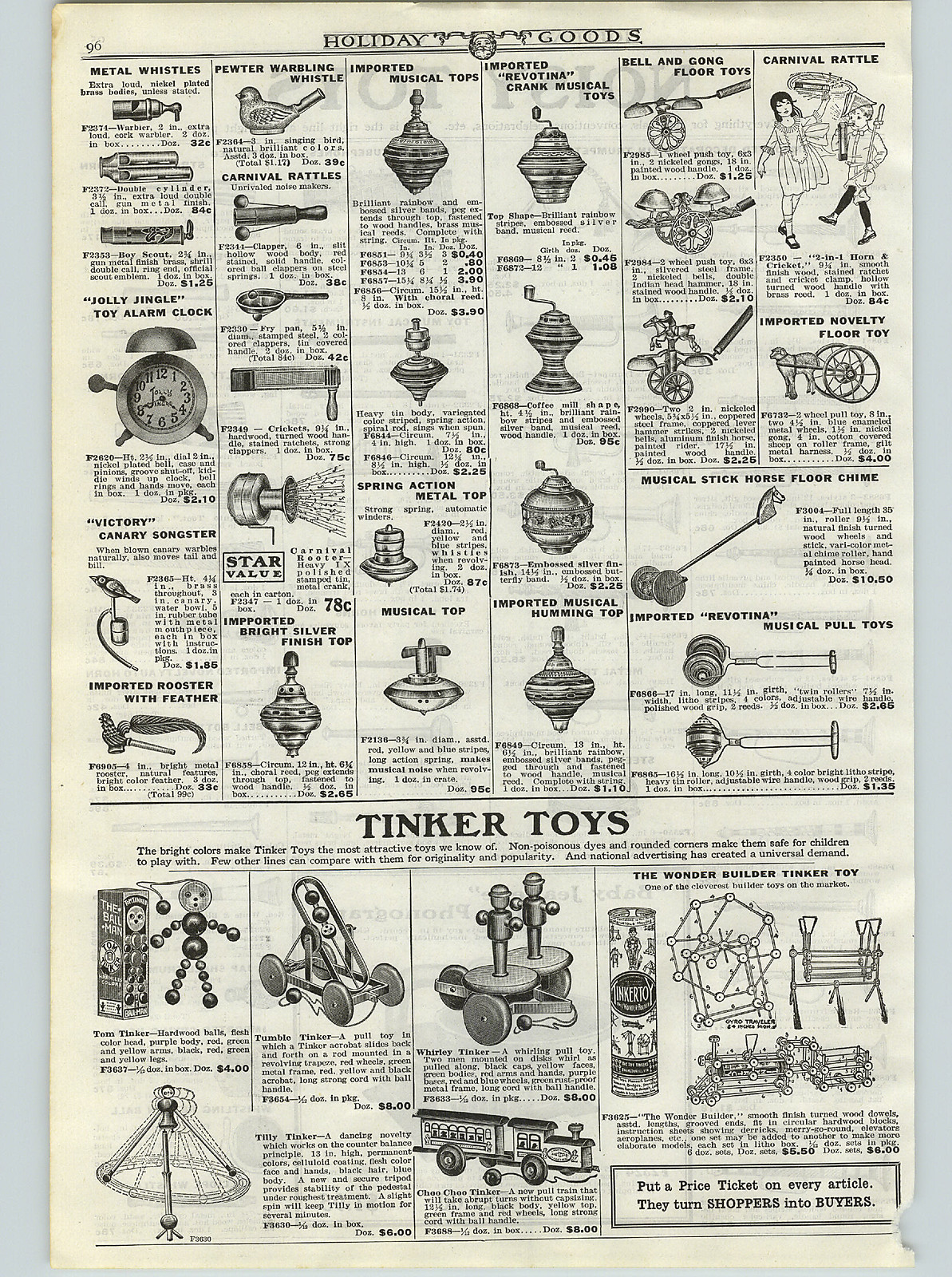 1922 PAPER AD Tinker Toys Whirley Tumble Tilly Tom Bell Gong Pull Toys ...